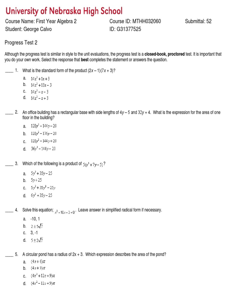 Progress Test 2 | Equations | Algebra
