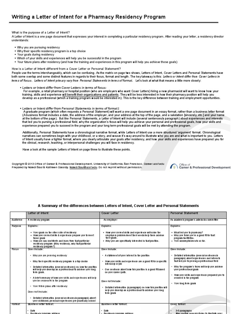 Writing A Letter of Intent | PDF | Residency (Medicine) | Pharmacy