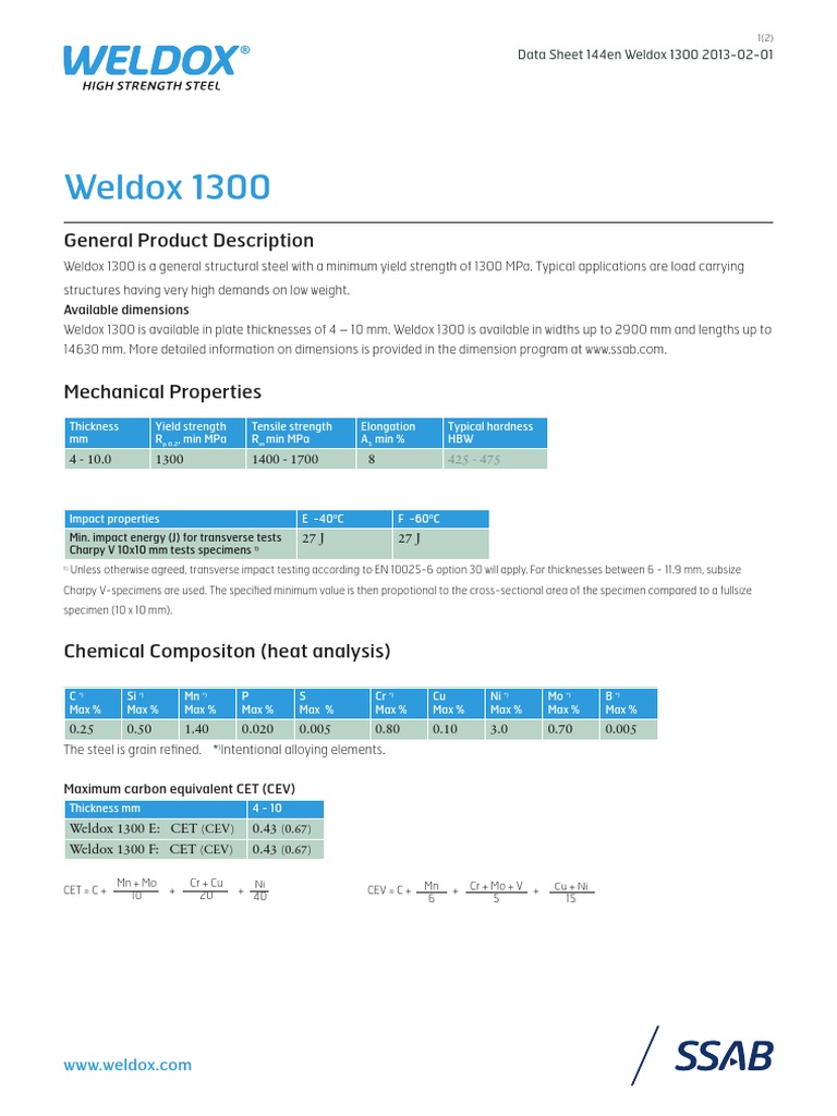 144 WELDOX 1300 UK Special Data Sheet | PDF | Strength Of Materials ...