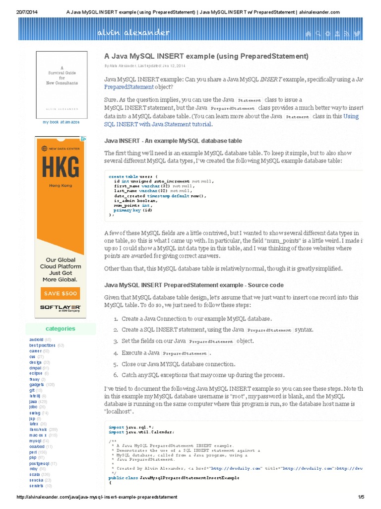 A Java Mysql Insert Example Using Preparedstatement Java Mysql Insert W Preparedstatement