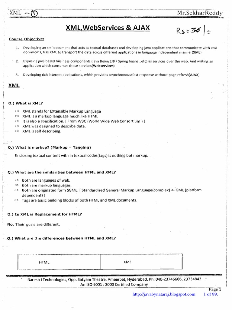 XML Notes by Sekhar Sir JavabynataraJ | PDF | Xml Schema | Markup Language