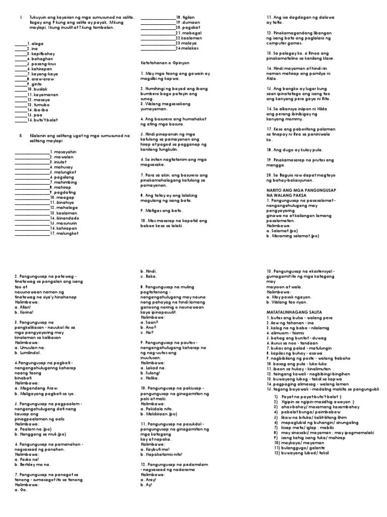 Filipino Worksheet On Grade 5 | PDF