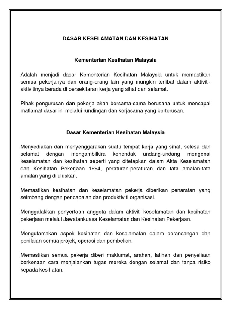 Dasar Keselamatan Dan Kesihatan KKM (Finaledit) | PDF