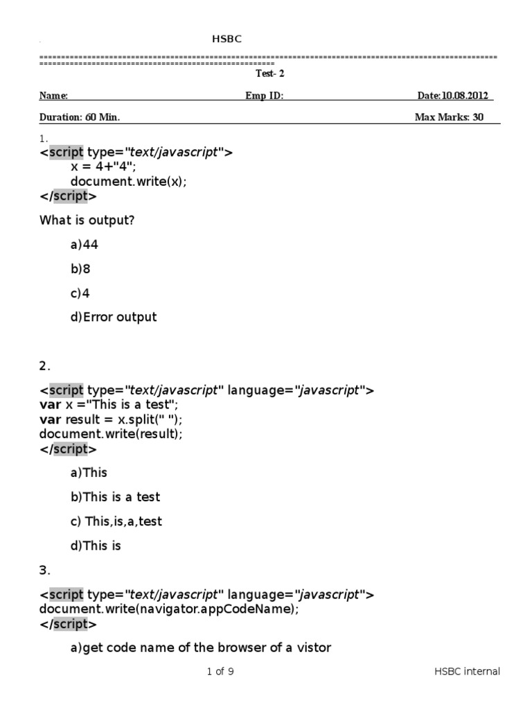Javascript Test | Download Free PDF | Java Script | Parameter (Computer ...