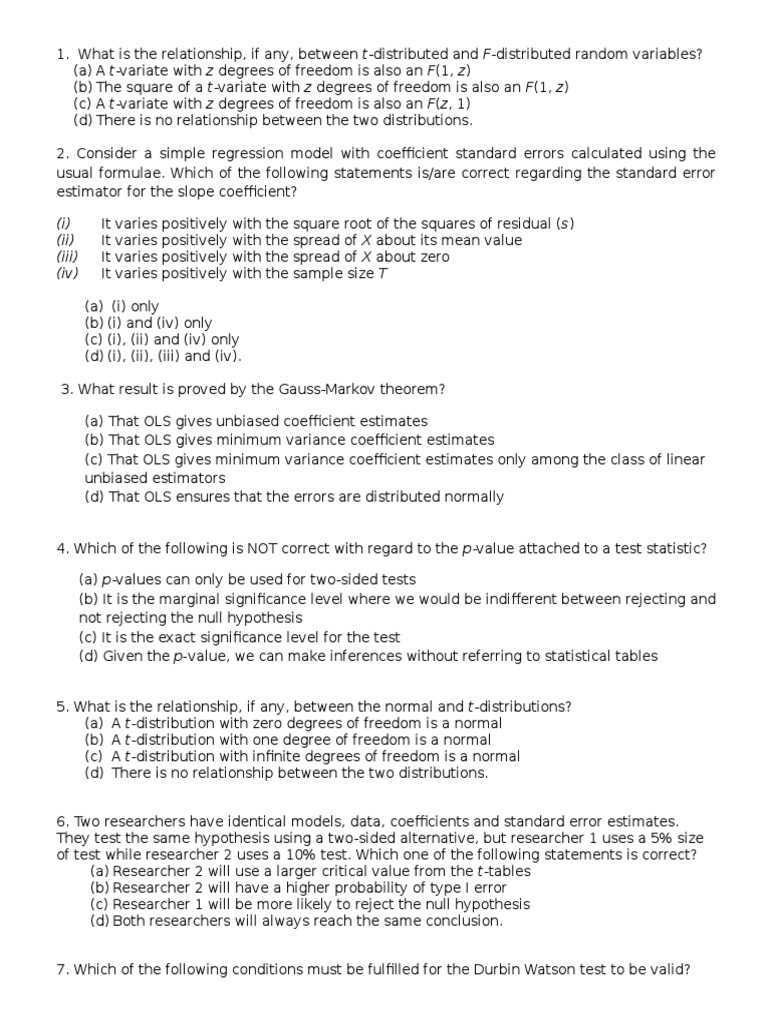 Multiple Choice Sample Questions | Errors And Residuals | Degrees Of ...