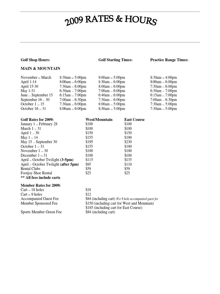 2009 Golf Club Rates | PDF | Precision Sports | Summer Sports