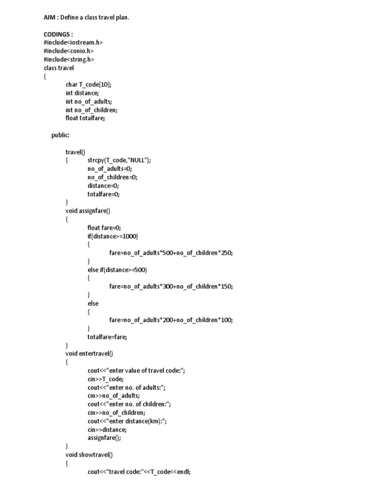 AIM: Define A Class Travel Plan. Codings | PDF | Computer Programming | Software Engineering