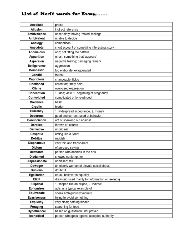 List of Merit Words For Essay...... | PDF