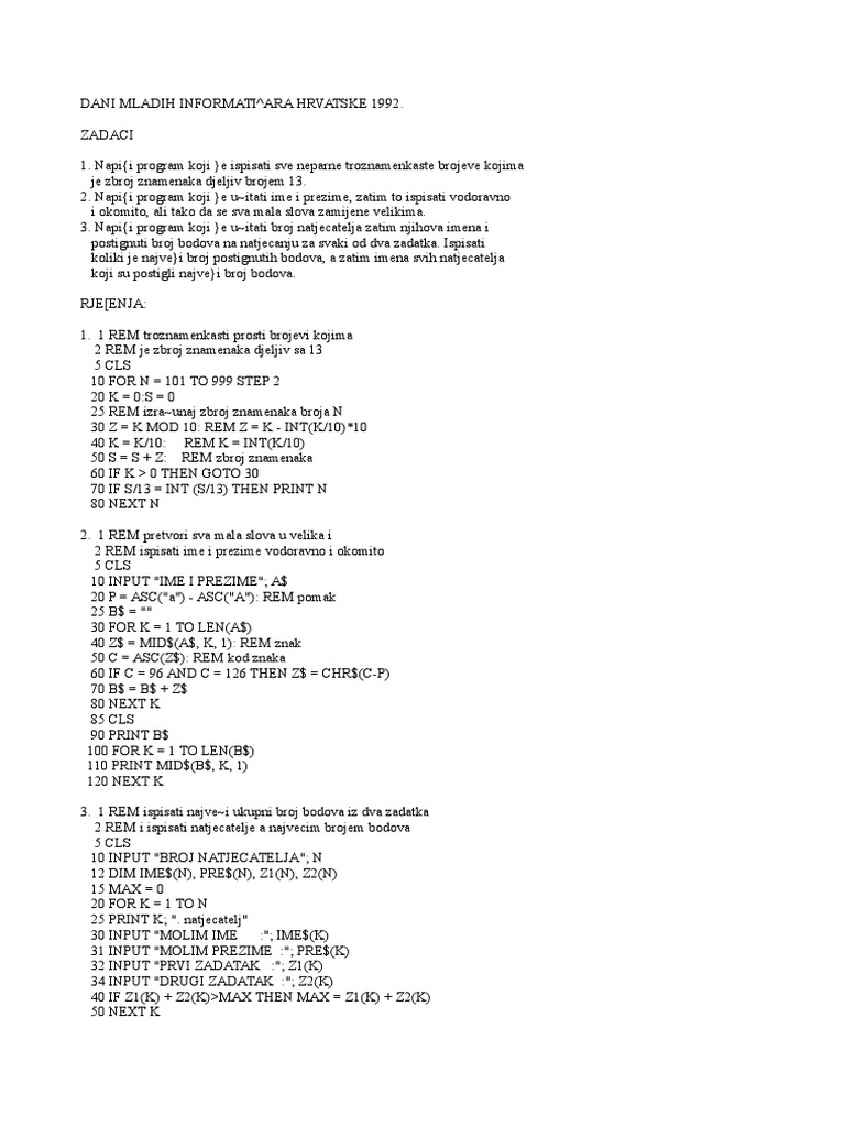 Zadaci Qbasic Za OŠ | PDF