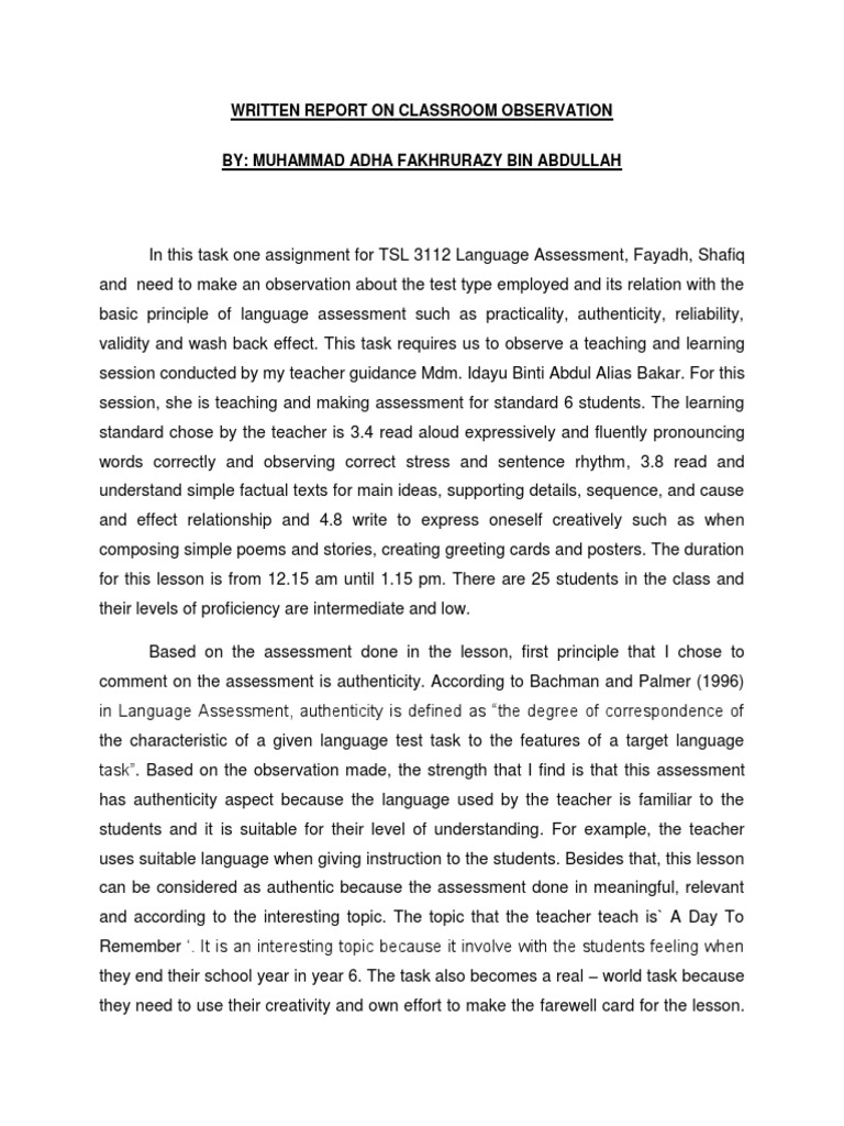 Written Report on Classroom Observation | Educational Assessment | Teachers