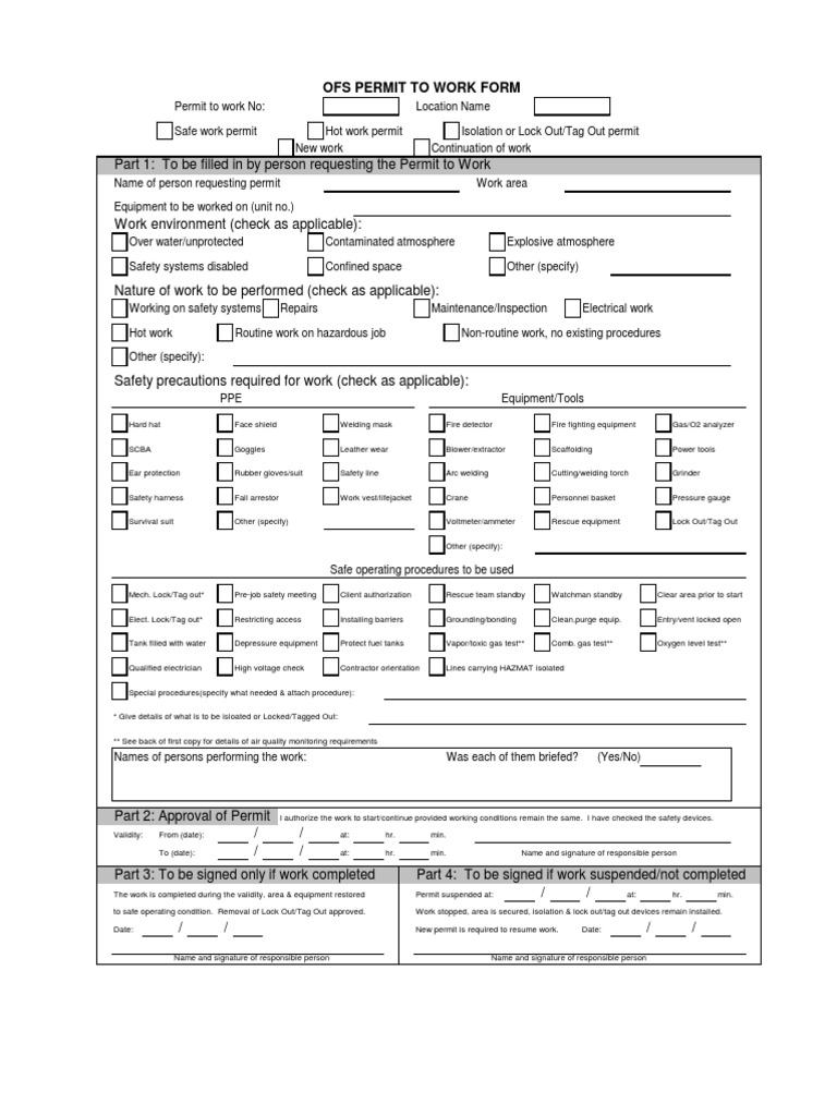Ofs Permit To Work Form | PDF | Welding | Construction
