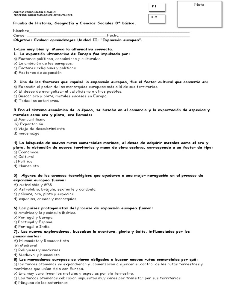 Prueba de Historia 8° Básico: Unidad II | PDF | especia | Viajes por Europa