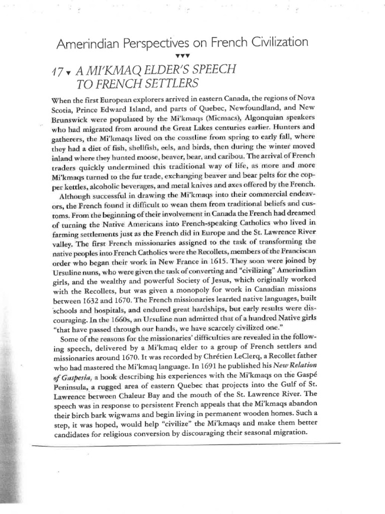 A Mi'Kmaq Elder's Speech To The French Settlers | PDF | Native ...