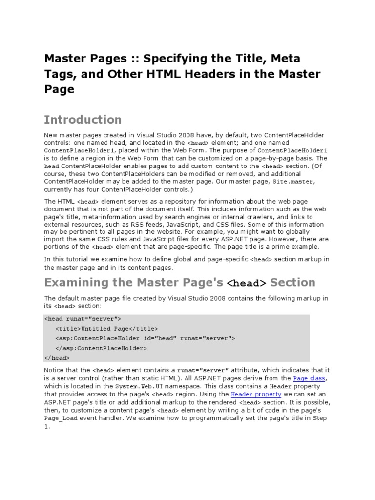 Master Pages:: Specifying The Title, Meta Tags, and Other HTML Headers ...