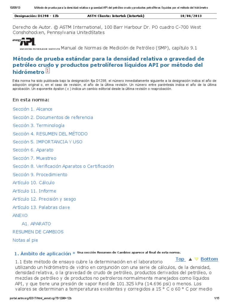 D1298 Español Método de Prueba para La Densidad Relativa o Gravedad API ...