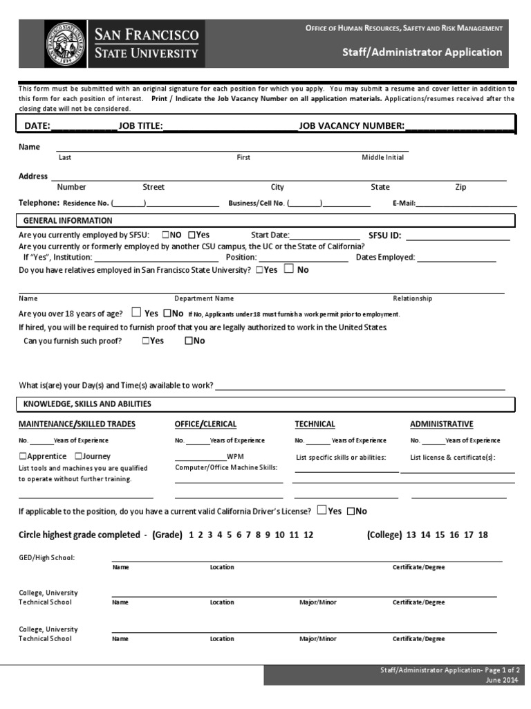 SFSU Staff/Admin Job Application Form | PDF