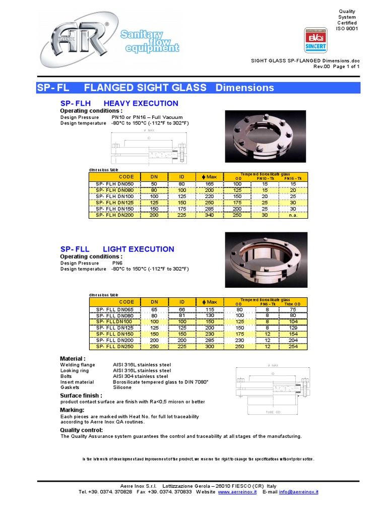 SP-SL SP-FL Flanged Sight Glass Dimensions | PDF