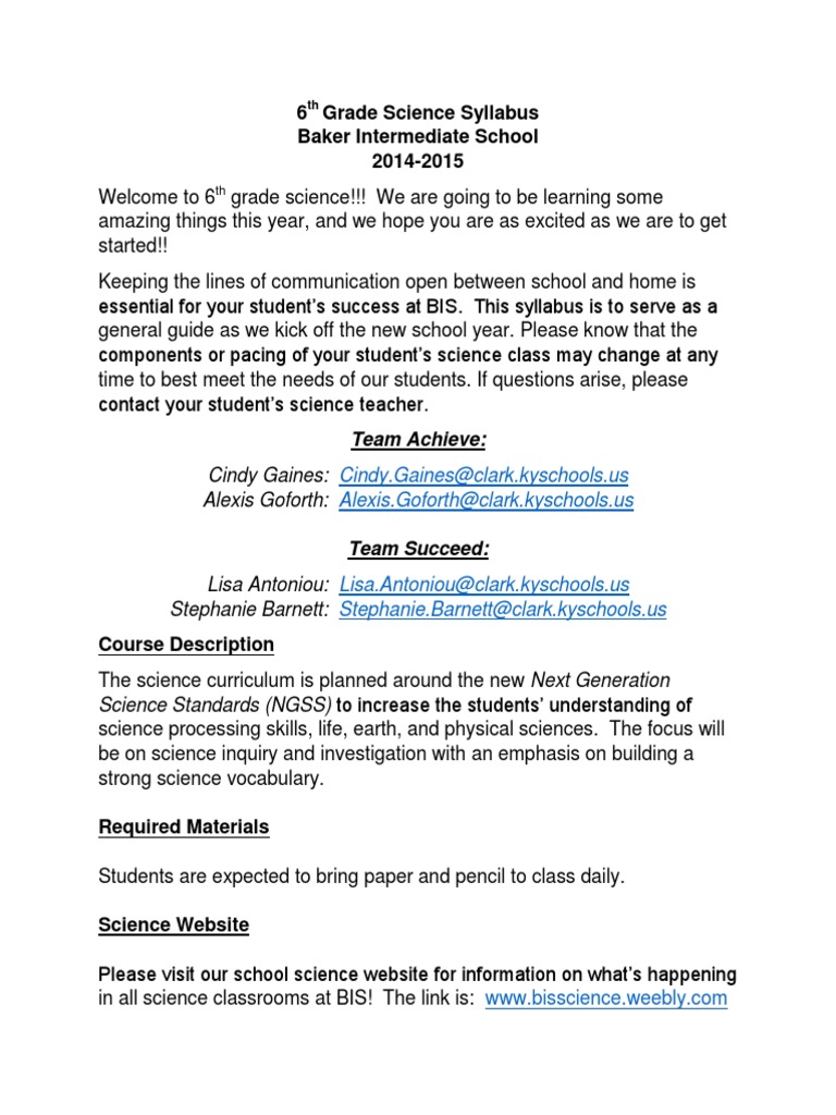 Bis 6th Grade Science Syllabus | PDF | Science Education | Homework