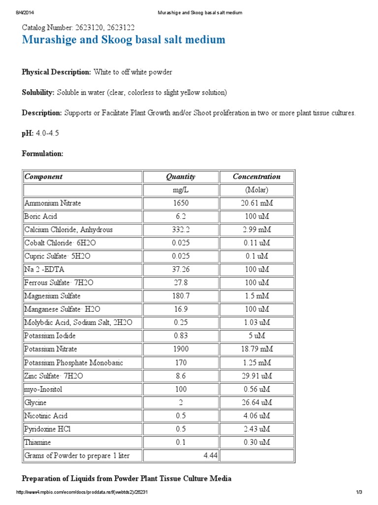 Murashige and Skoog Basal Salt Medium | PDF | Salt (Chemistry) | Potassium