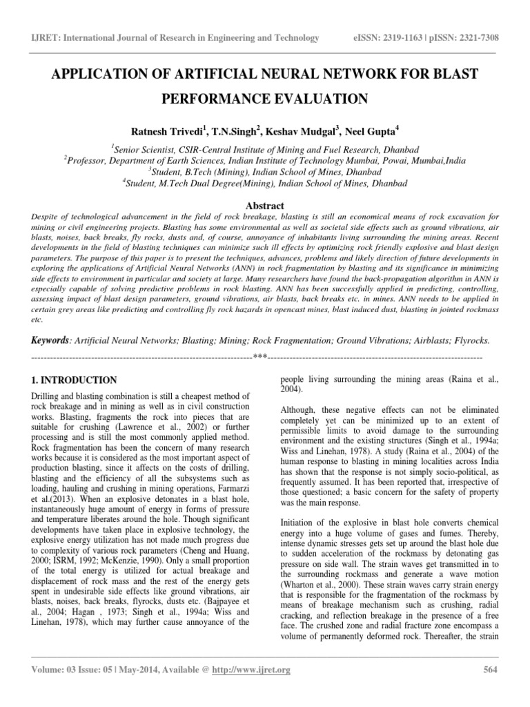 Application Of Artificial Neural Network For Blast Performance Evaluation Pdf