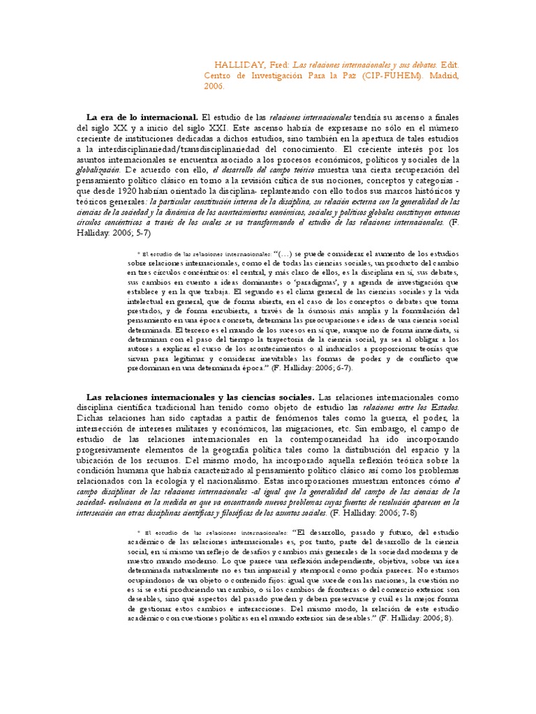 Las Relaciones Internacionales y Sus Debates. Fred Halliday | PDF ...