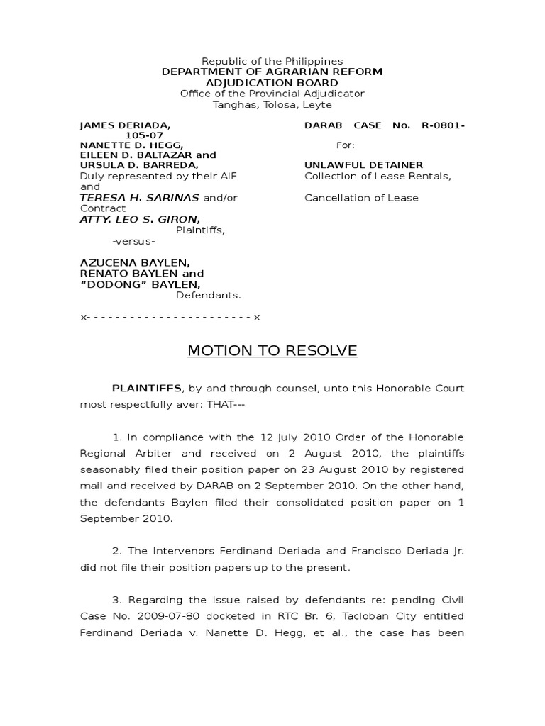 Motion To Resolve: Department of Agrarian Reform Adjudication Board ...