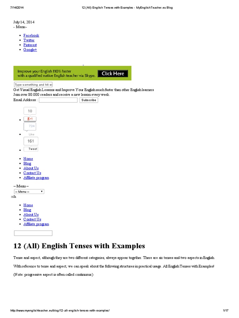 Examples of English Tenses | PDF | Perfect (Grammar) | Grammatical Tense