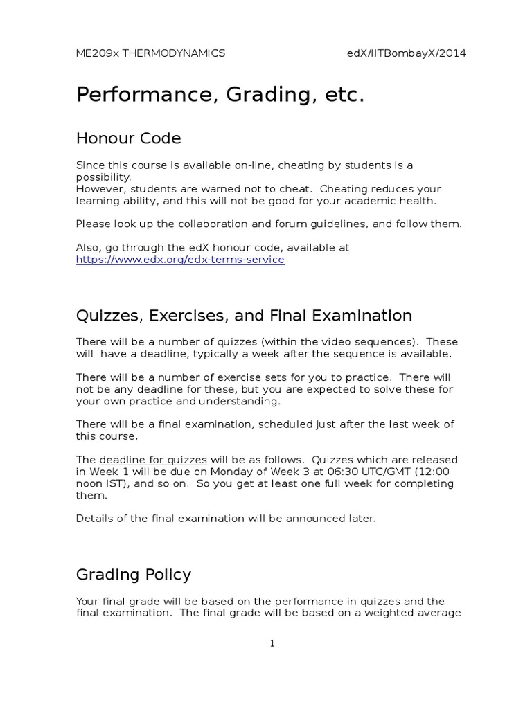 Performance, Grading, Etc.: Honour Code | PDF