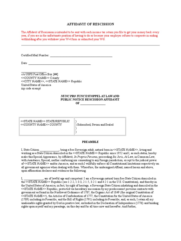 Affidavit of Rescission | Irs Tax Forms | Taxes