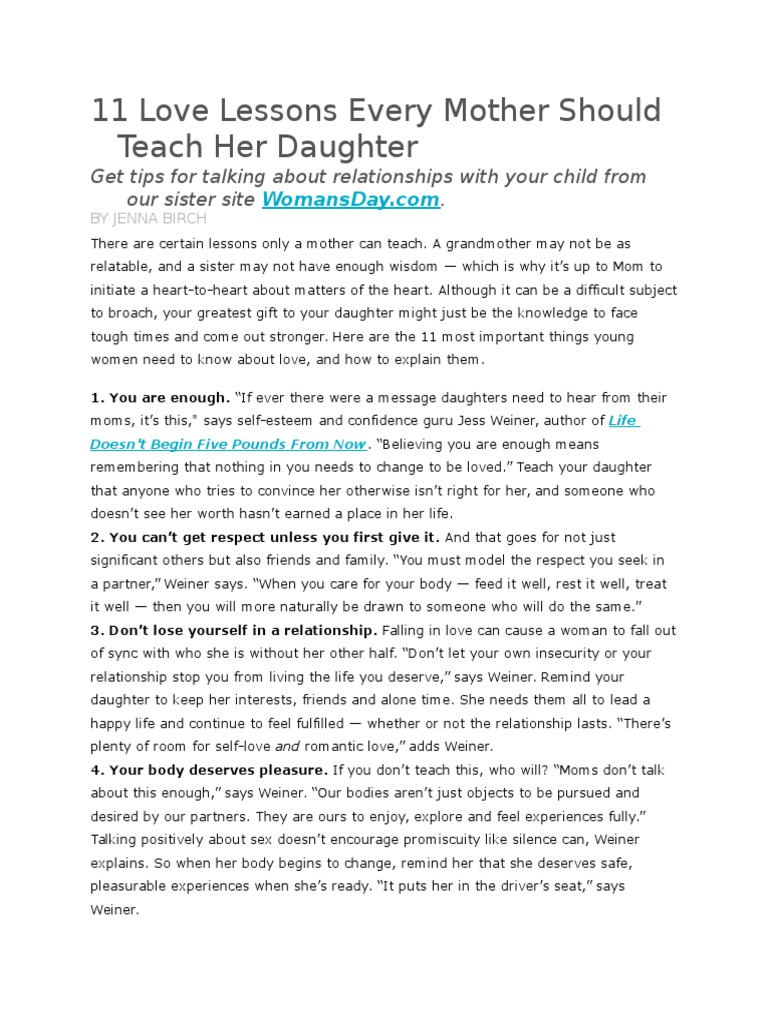 11 Love Lessons Every Mother Should Teach Her Daughter | PDF | Romance ...