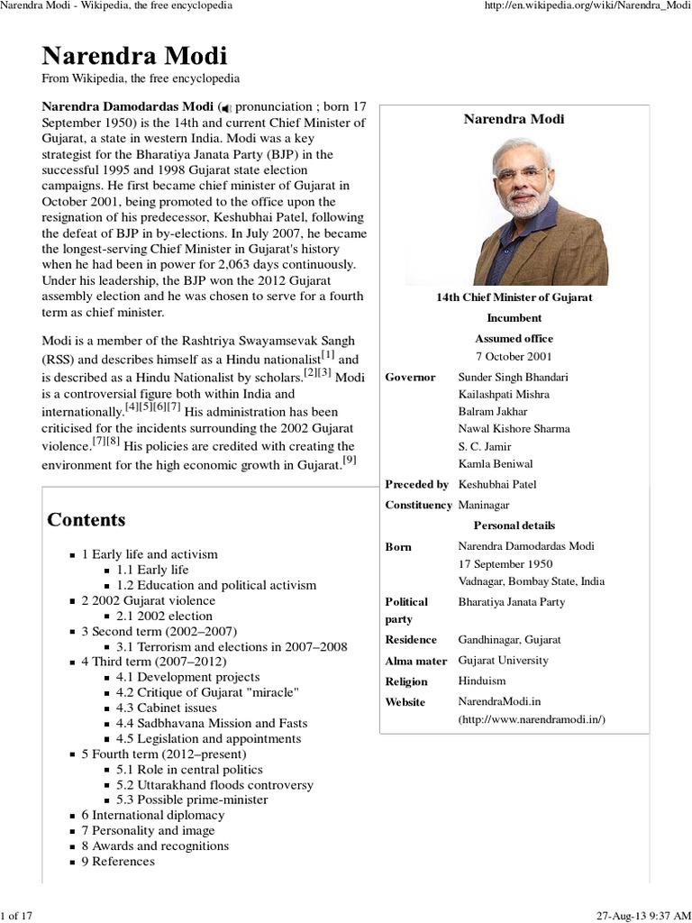 Narendra Modi - Wikipedia, The Free Encyclopedia | PDF | Narendra Modi ...