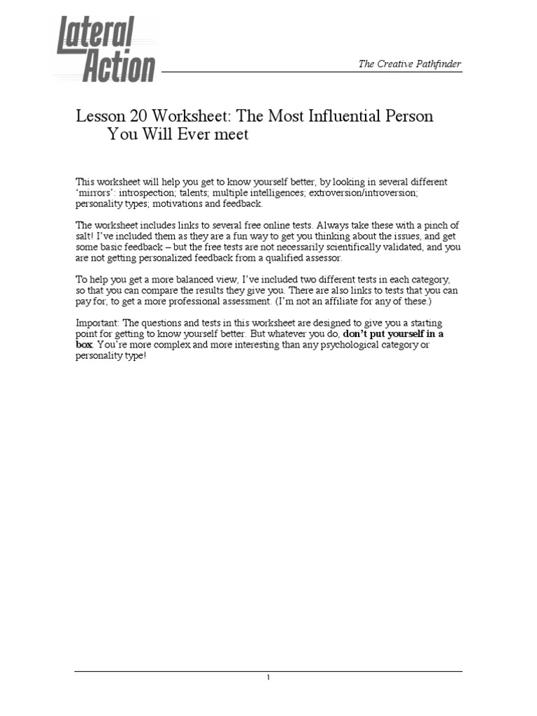 Lesson 20 Worksheet: The Most Influential Person You Will Ever Meet ...