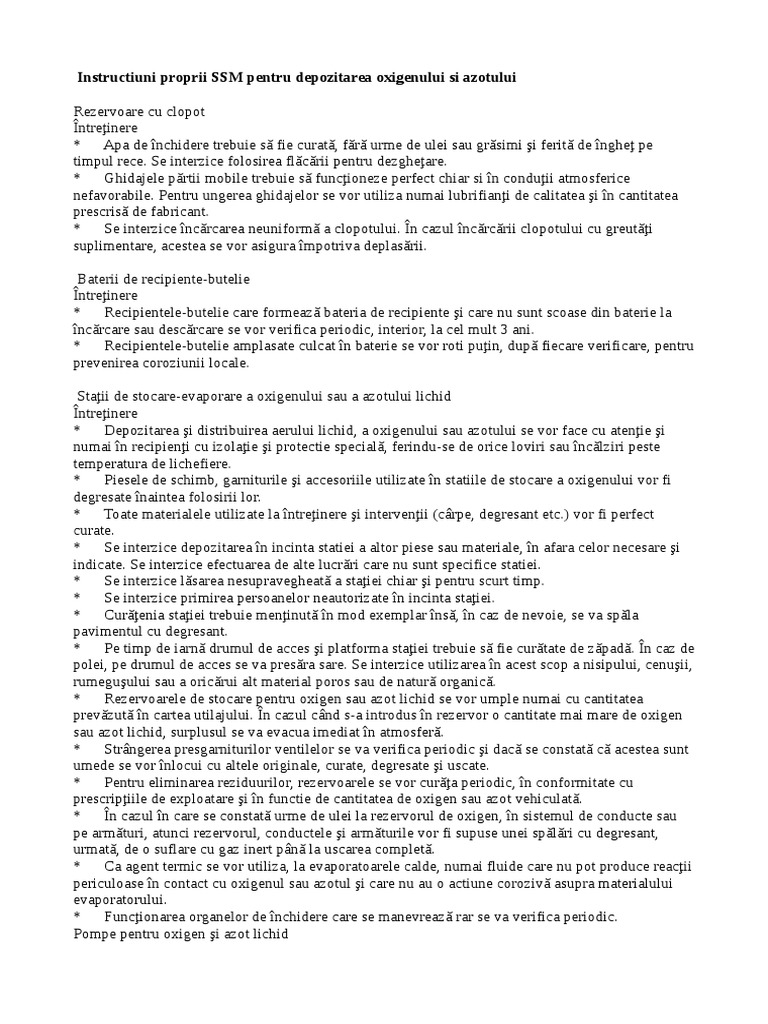 Instructiuni Proprii SSM Pentru Depozitarea Oxigenului Si Azotului | PDF