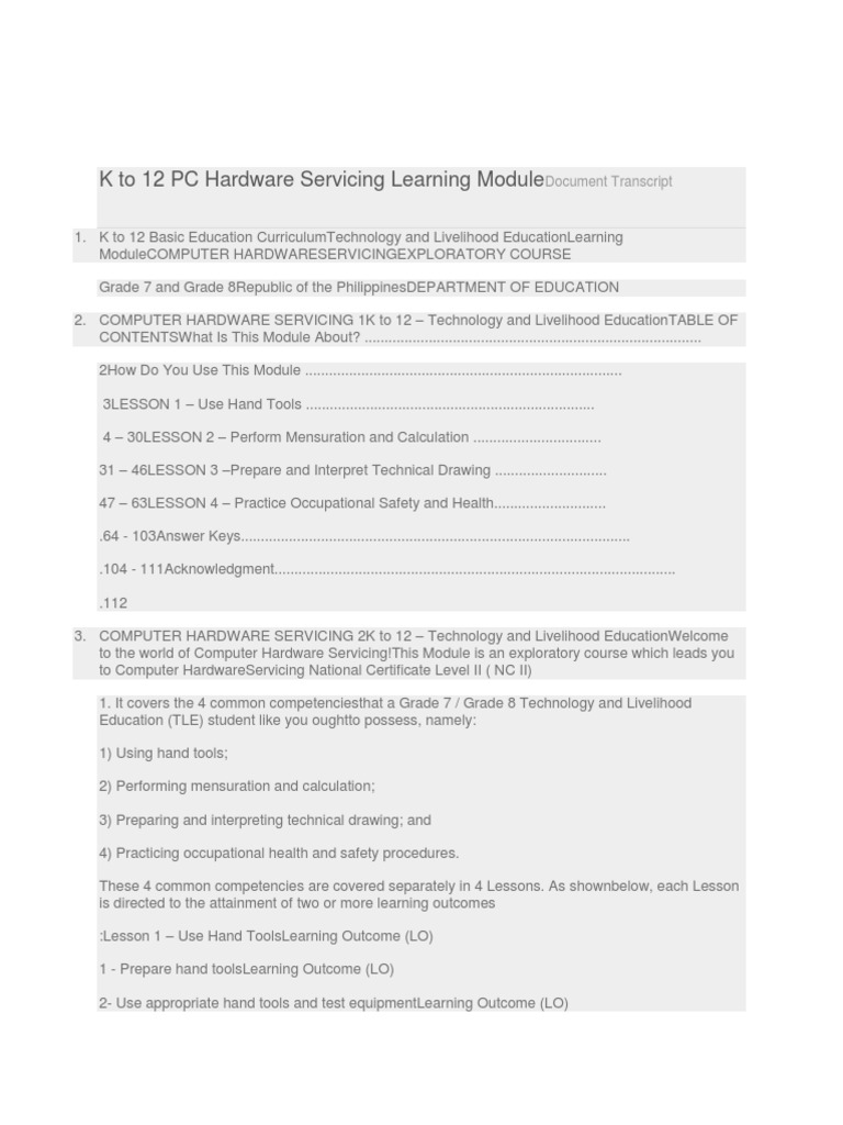 K To 12 PC Hardware Servicing Learning ModuleDocument Transcript | PDF ...