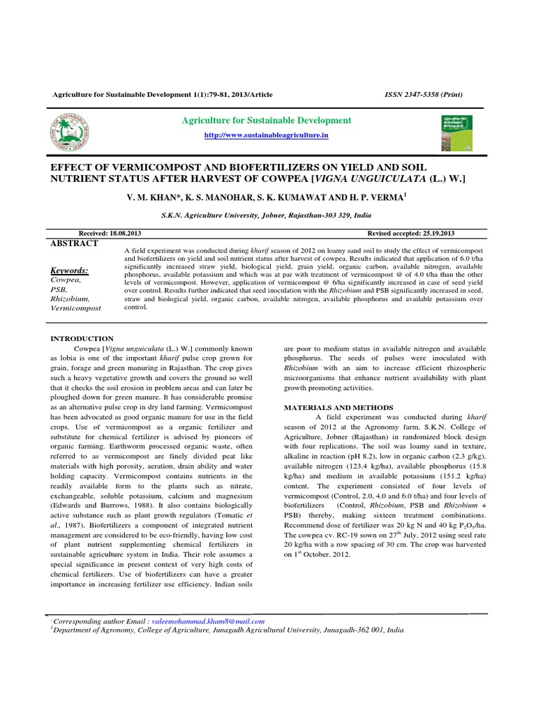 Effect of Vermicompost and Biofertilizers On Yield and Soil PDF | PDF ...