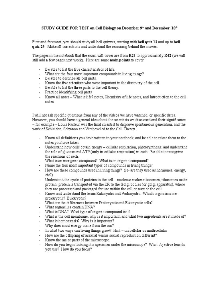 Study Guide For Cell Theory Test | PDF | Prokaryote | Cell (Biology)