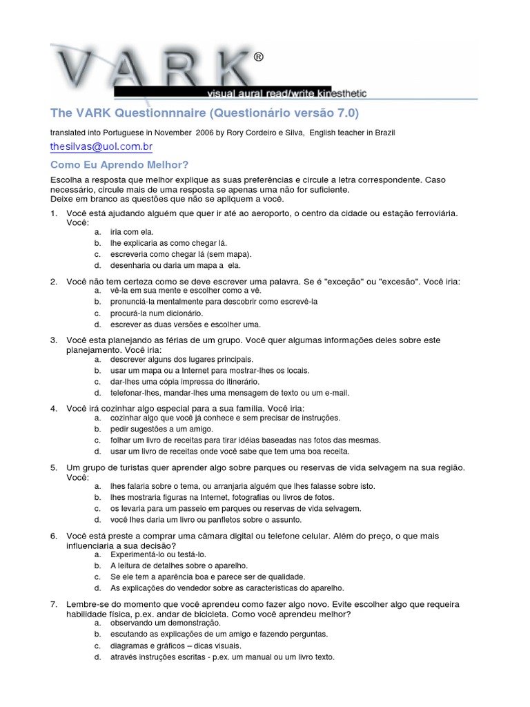 The VARK Questionnaire - Portuguese | PDF | Livros | Informação