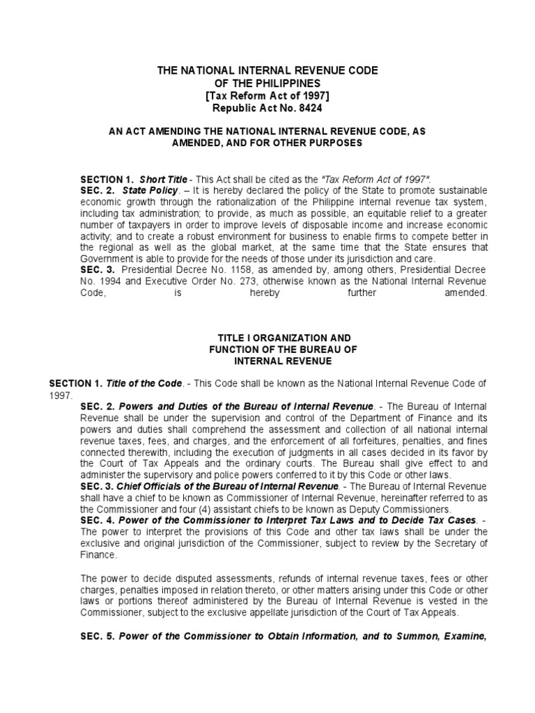 The National Internal Revenue Code of The Philippines (Tax Reform Act of 1997) Republic Act No ...