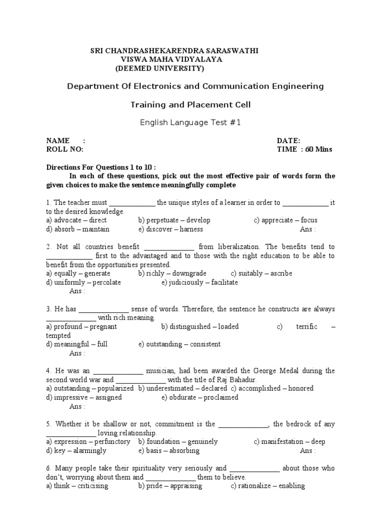 1 Question Bank English Language Test 1 PDF Thought