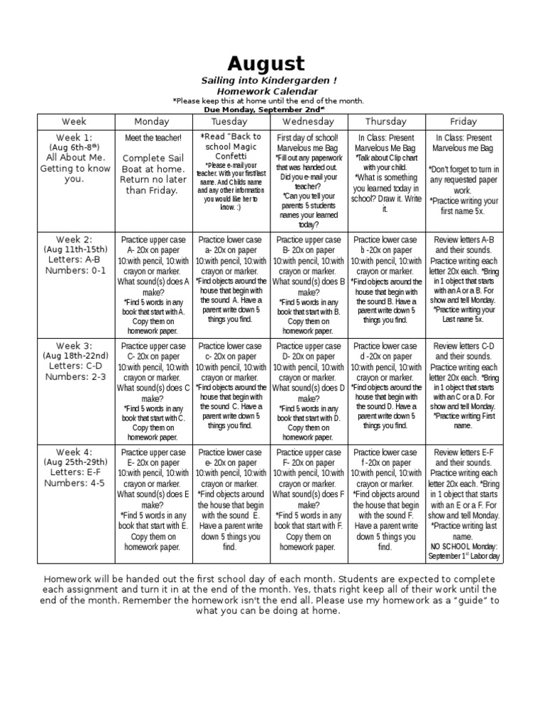 Kindergarten Homework Calendar: August | PDF | Education Reform ...