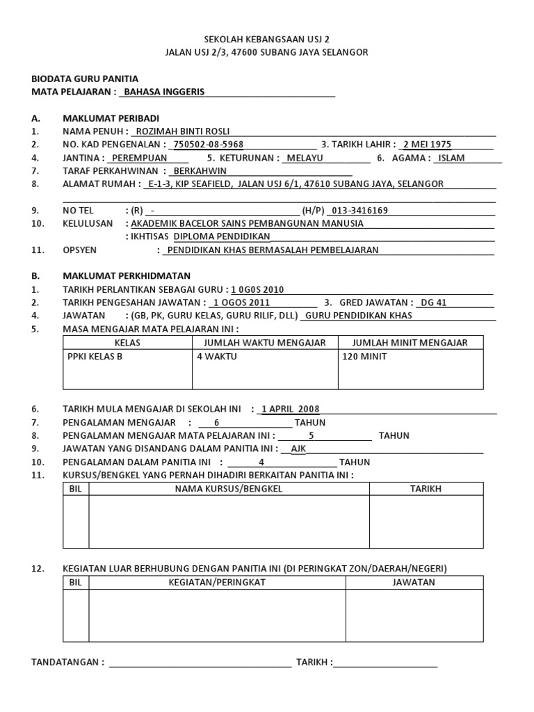 Contoh Maklumat Guru Bagi Panitia Bahasa Melayu - MiraelrilPierce