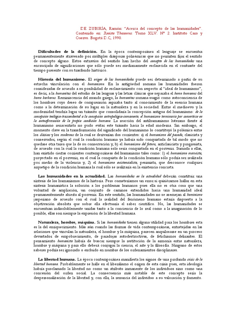 Acerca Del Concepto de Las Humanidades. Ramón de Zubiría | PDF | Humanidades | Homo Sapiens