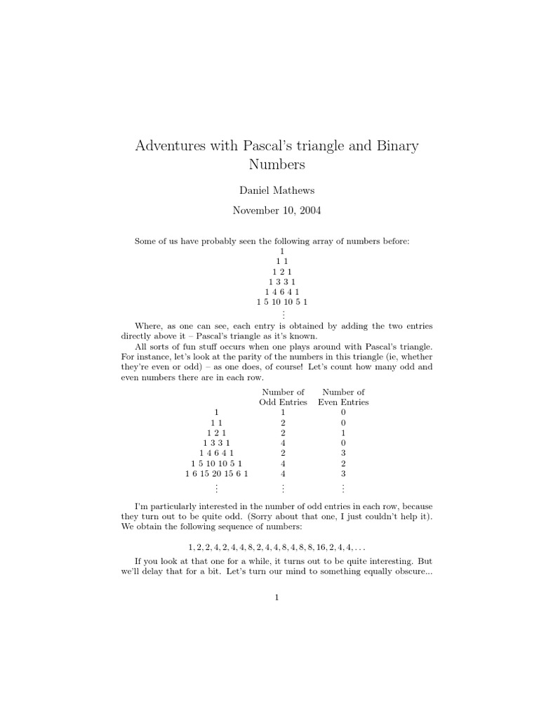 Adventures With Pascal's Triangle and Binary Numbers: Daniel Mathews ...