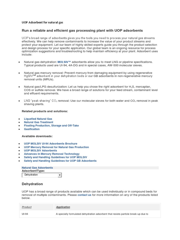 UOP Adsorbent For Natural Gas | PDF | Natural Gas | Natural Gas Processing