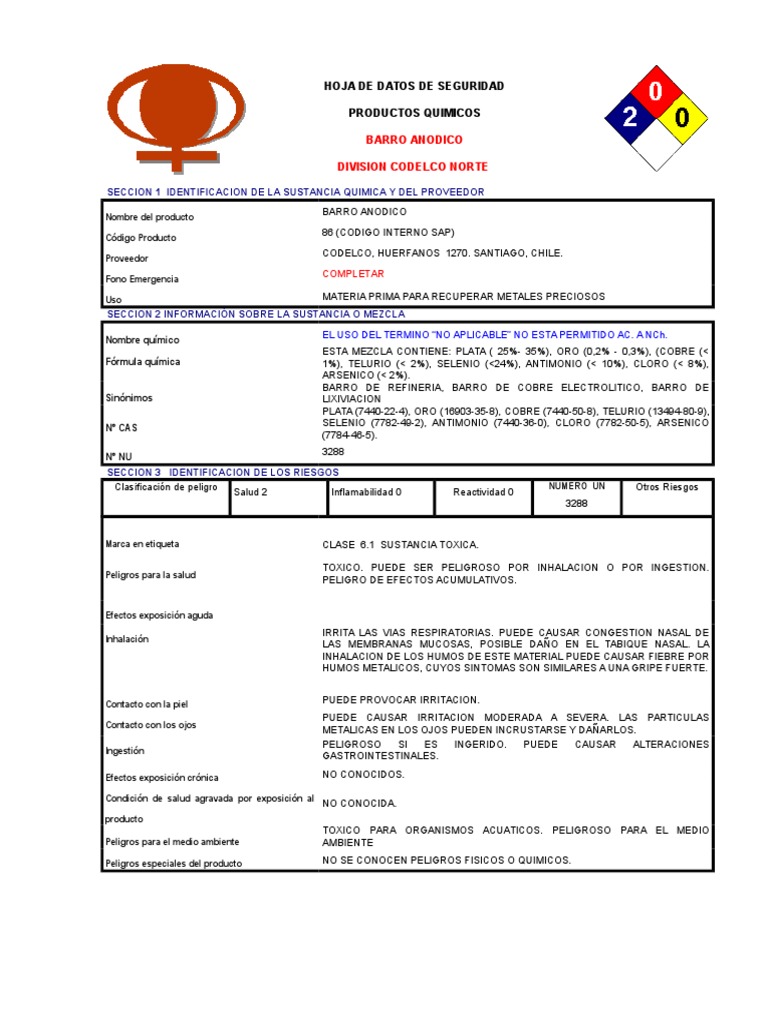 Hds Barro Anódico Nac. Esp - Codelco Norte | PDF