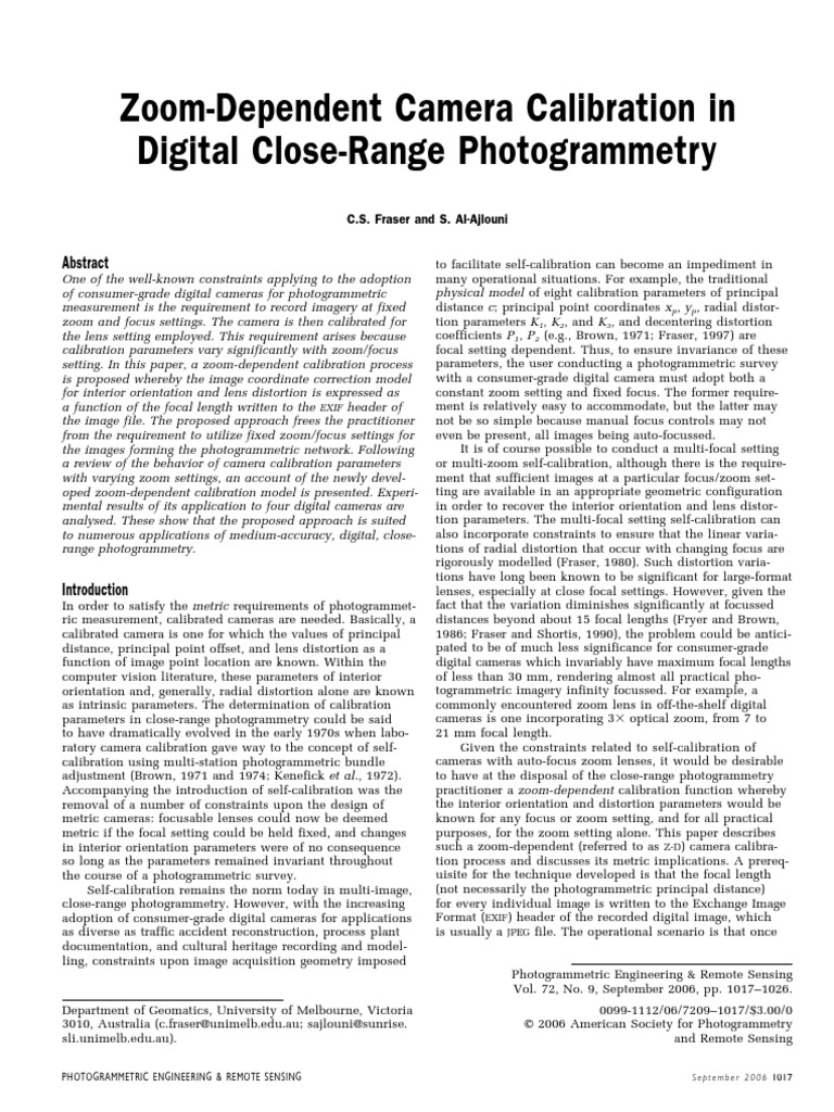 Zoom-Dependent Camera Calibration in Digital Close-Range Photogrammetry | PDF | Zoom Lens | Camera