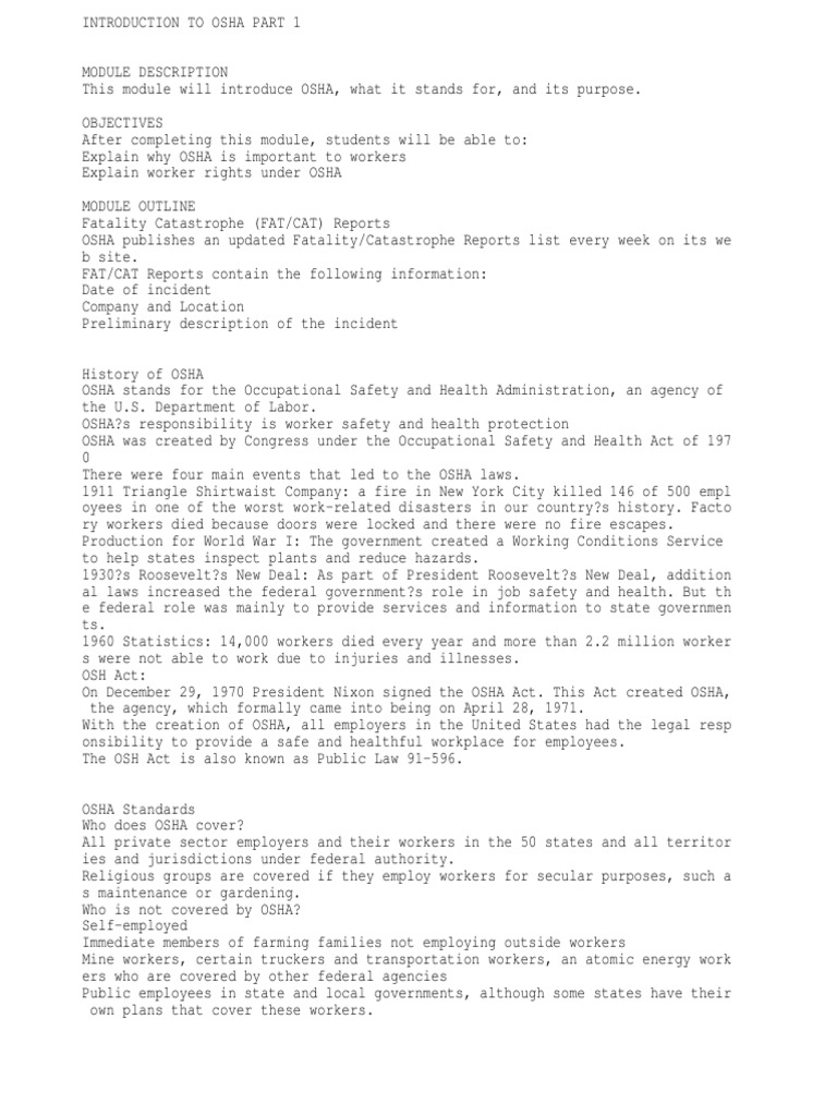 Introduction To OSHA Part 1 Fact Sheet | PDF | Occupational Safety And ...