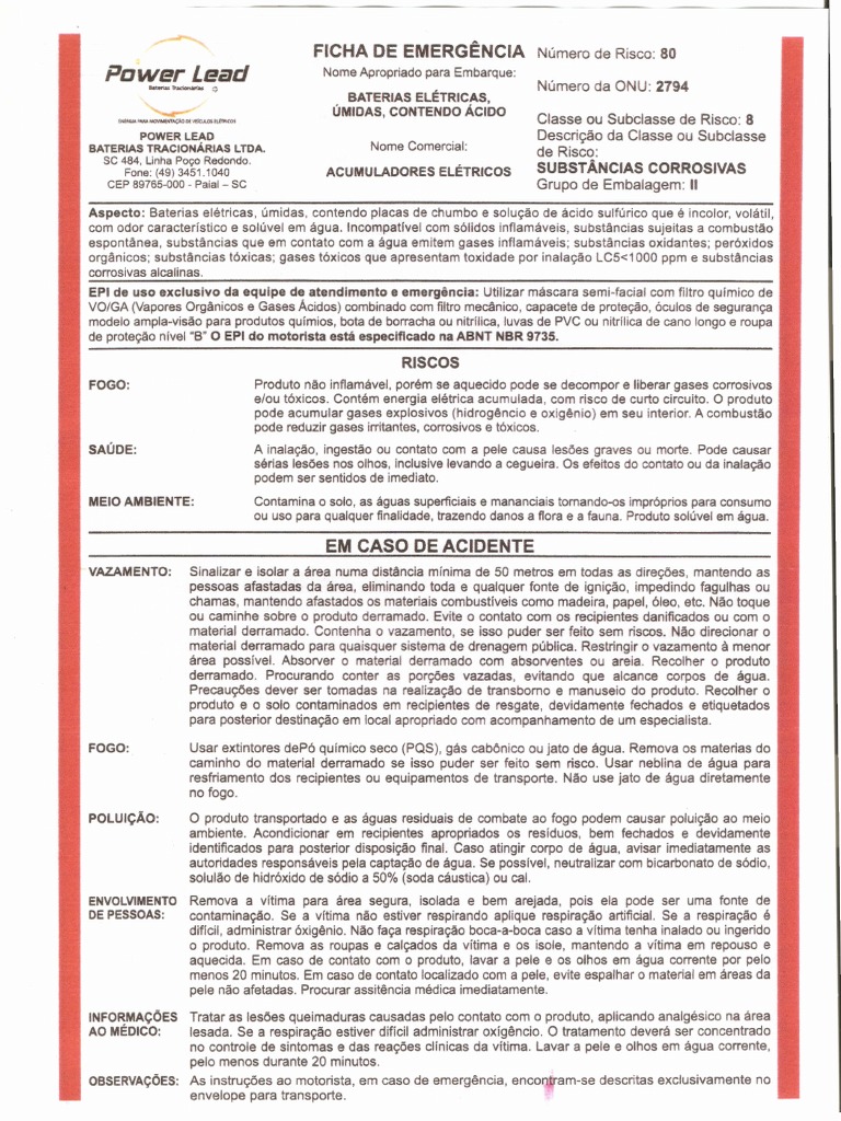 Ficha de Emergência POWER LEAD - Frente | PDF | Combustão | Primeiros ...