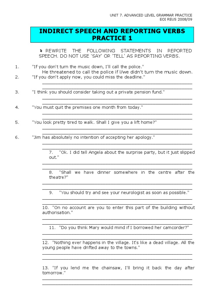 Indirect Speech and Reporting Verbs Practice 1 | PDF