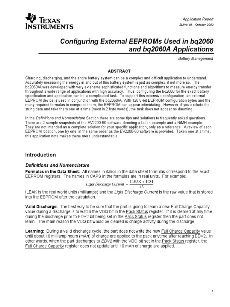 Ti Bq2060a External Eeproms | PDF | Battery (Electricity) | Battery Charger